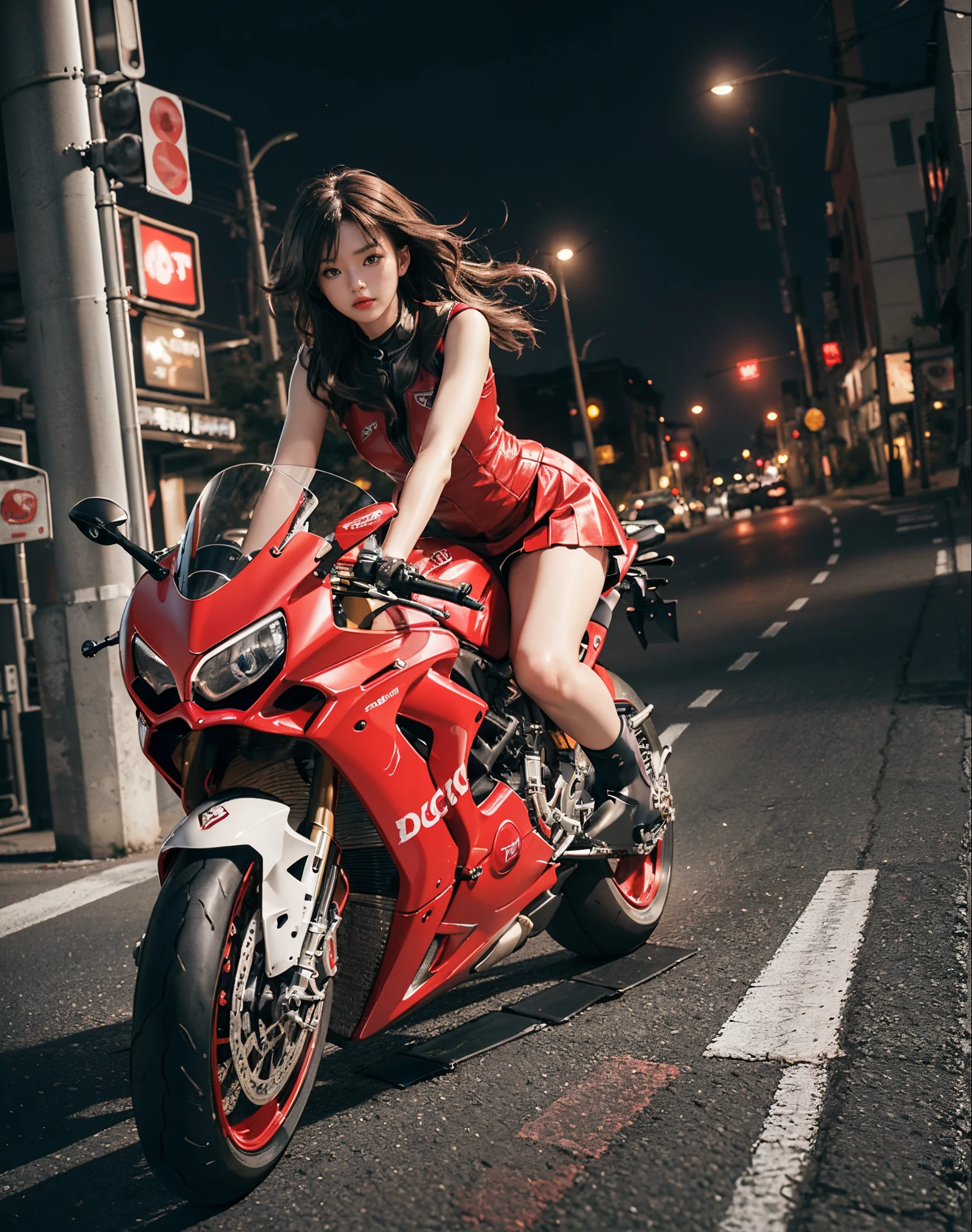 Woman in red dress riding a red motorcycle on a city street - SeaArt AI