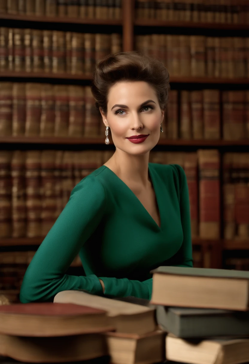 Arafed woman in green dress sitting at a table with books - SeaArt AI