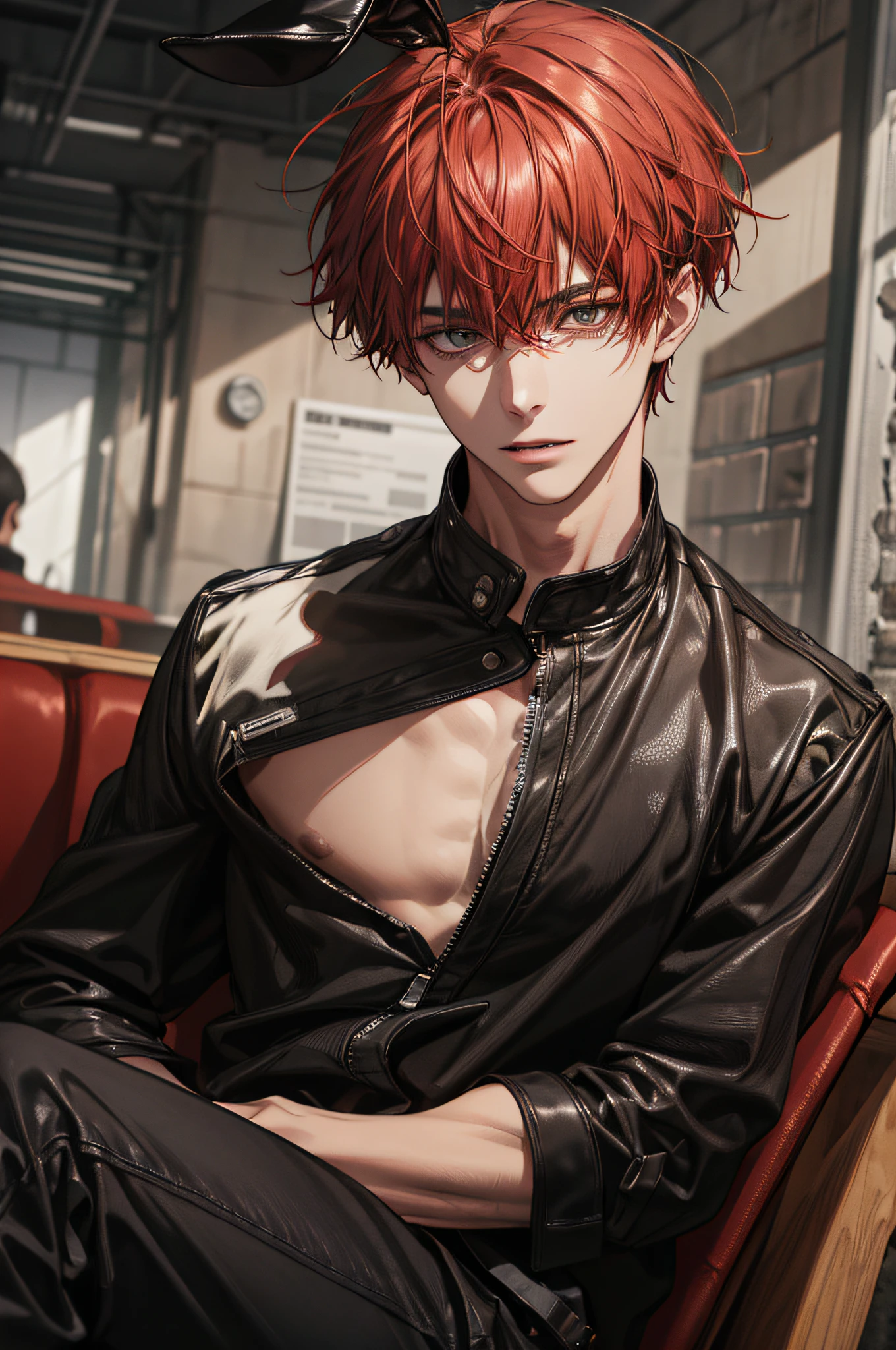 Anime guy with red hair sitting on a red couch - SeaArt AI