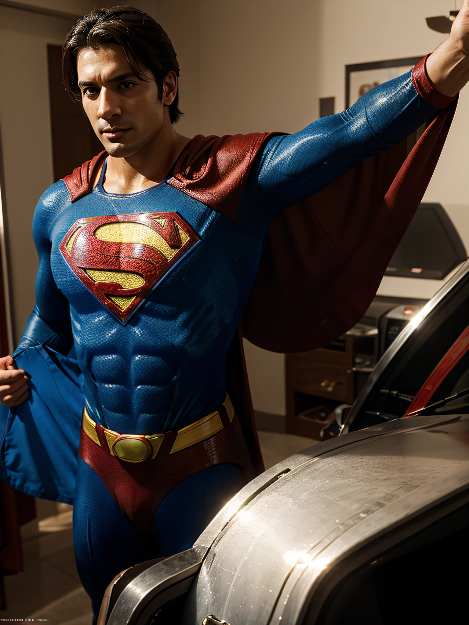 Arafed superman standing next to a car in a living room - SeaArt AI