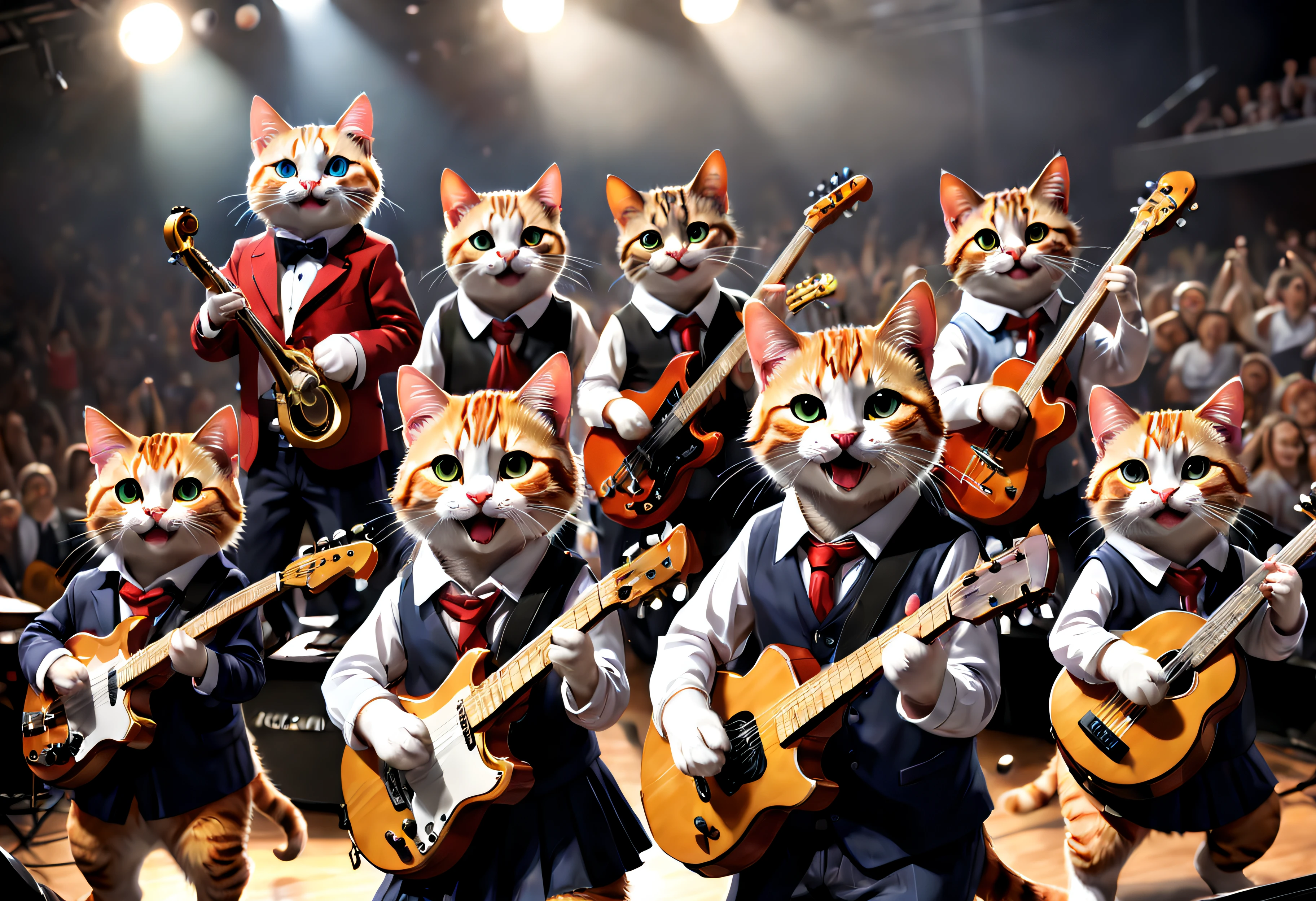 There are many cats dressed up in suits and playing guitars - SeaArt AI