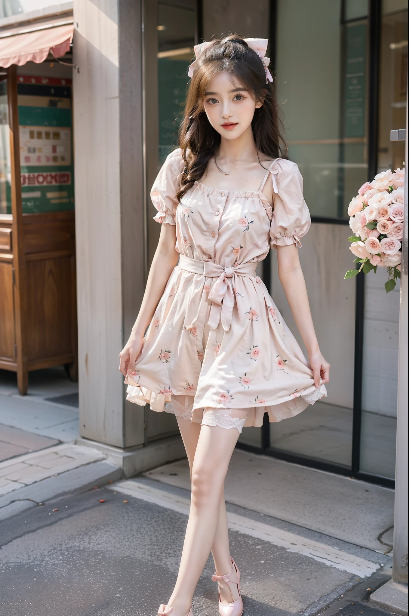 A woman in a dress is walking down the street - SeaArt AI