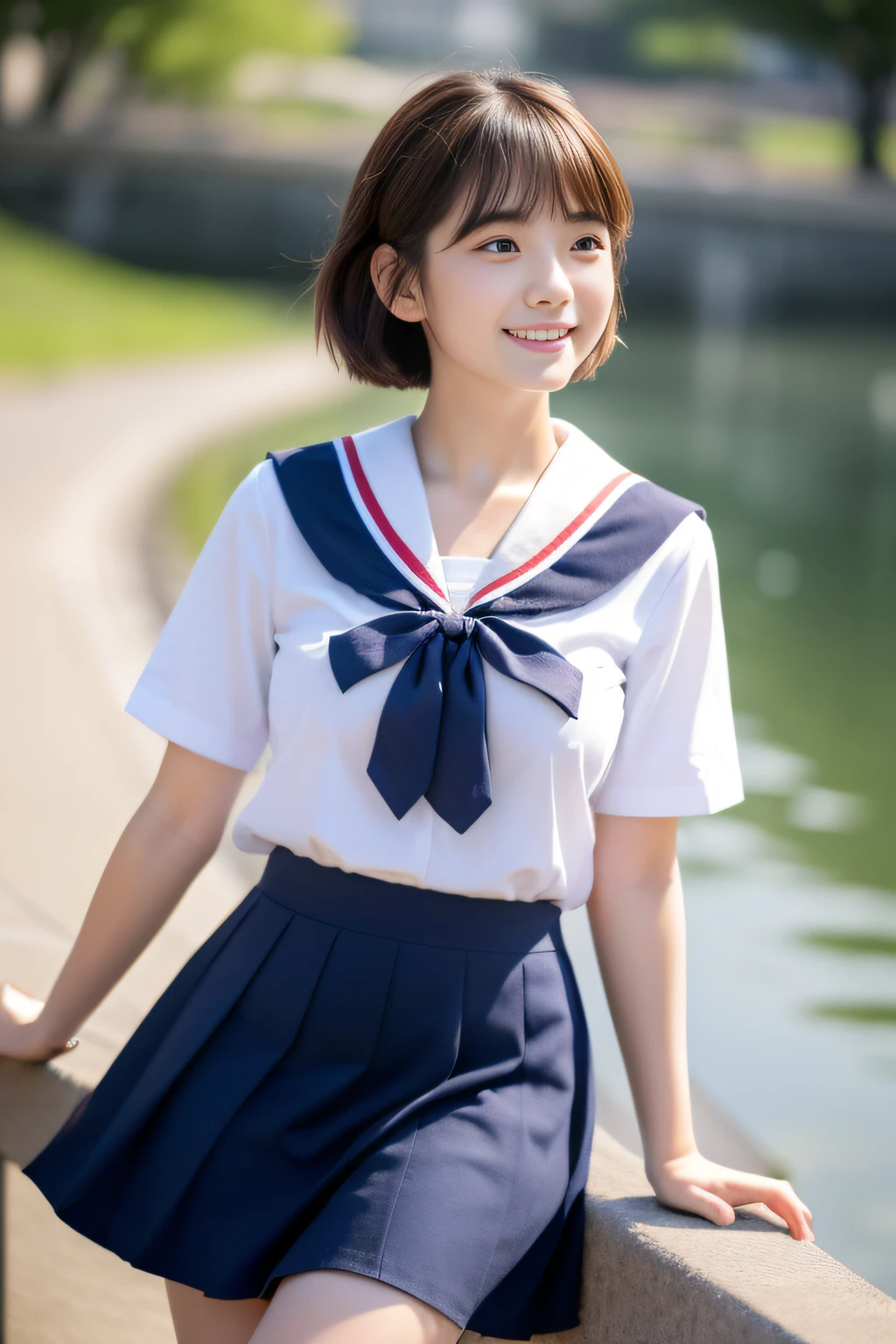 Arafed asian woman in a sailor outfit posing by a lake - SeaArt AI