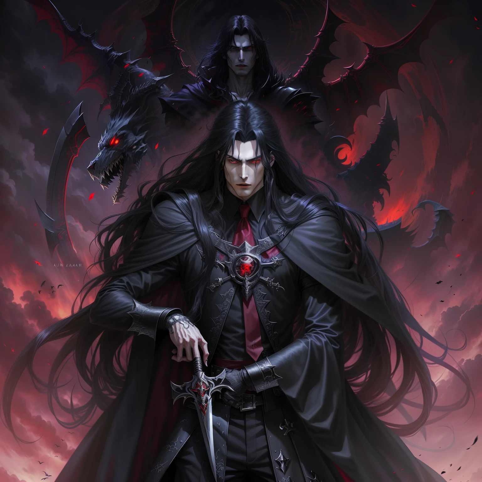 A man in a black coat holding a sword and a demon - SeaArt AI