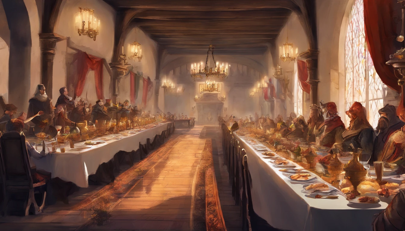 There is a painting of a large dining room with a long table - SeaArt AI