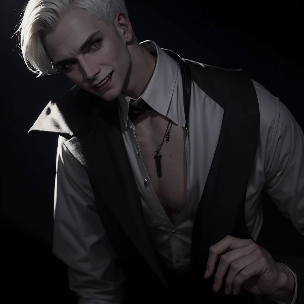 White short-haired male vampire, Old style dark clothes, fun pose ...