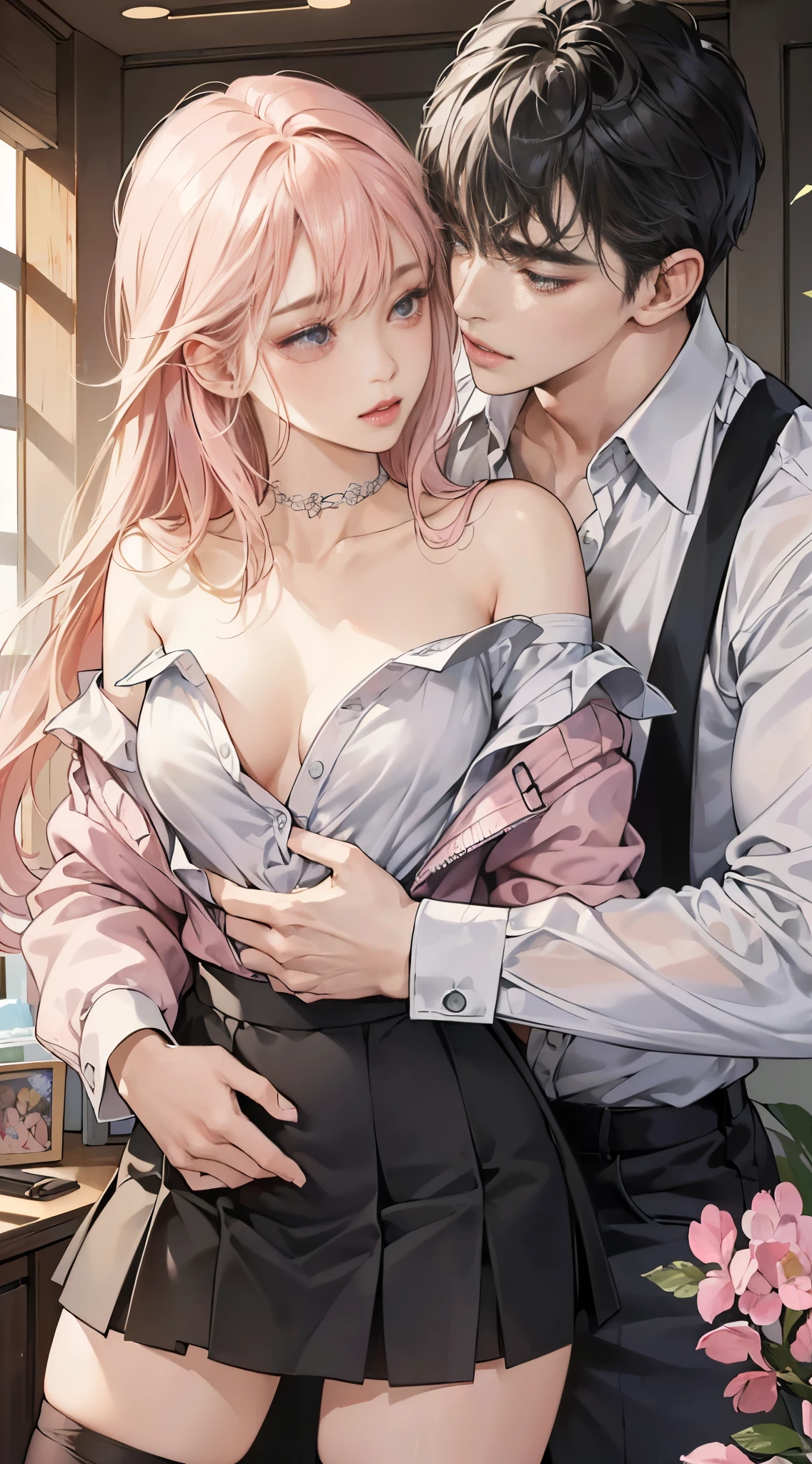 Anime Couple In A Room With A Window And A Pink Hair Seaart Ai