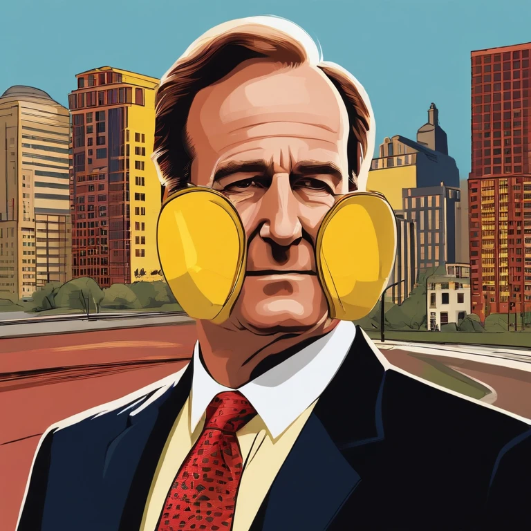 A close up of a man wearing ear muffs in front of a city - SeaArt AI