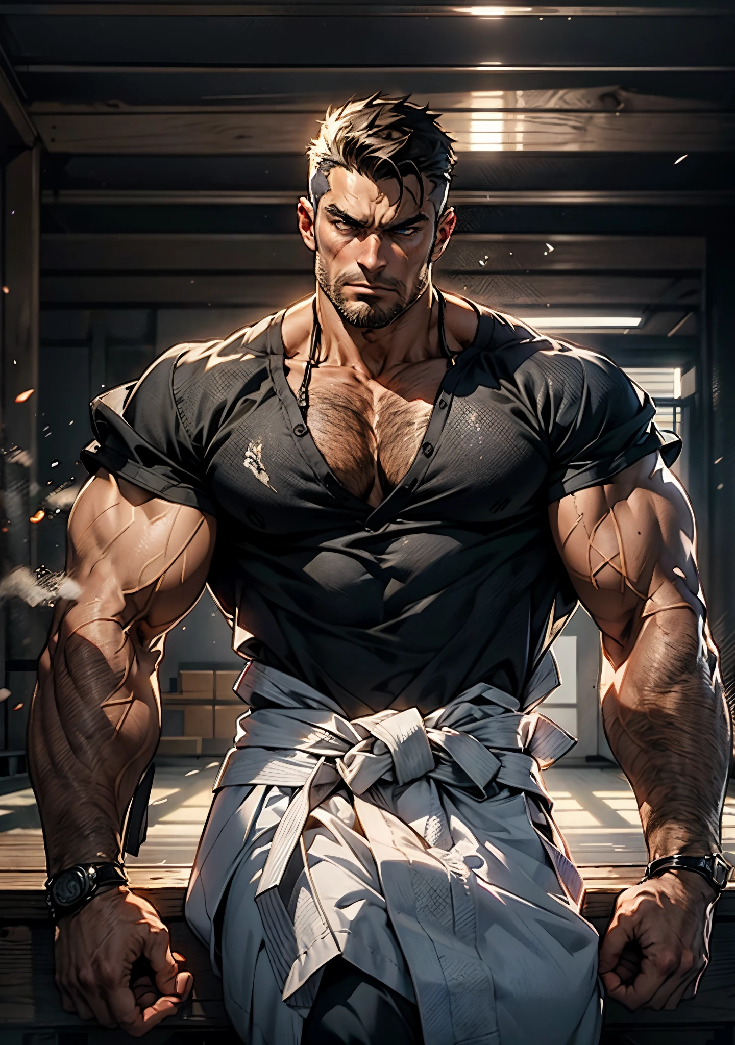 Arafed man with a big muscular body sitting on a bench - SeaArt AI