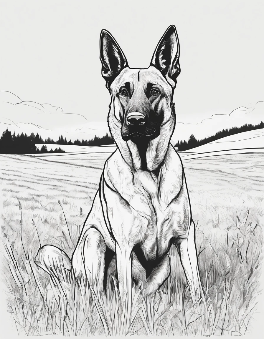 Drawing of a dog sitting in a field of grass - SeaArt AI