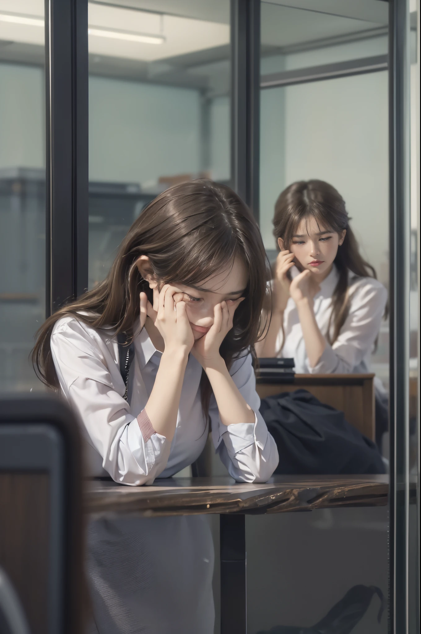There are two women sitting at a table with their hands on their face ...