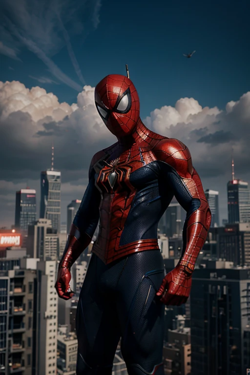 Spiderman riding a red and gold dragon, over the sky of a futuristic ...