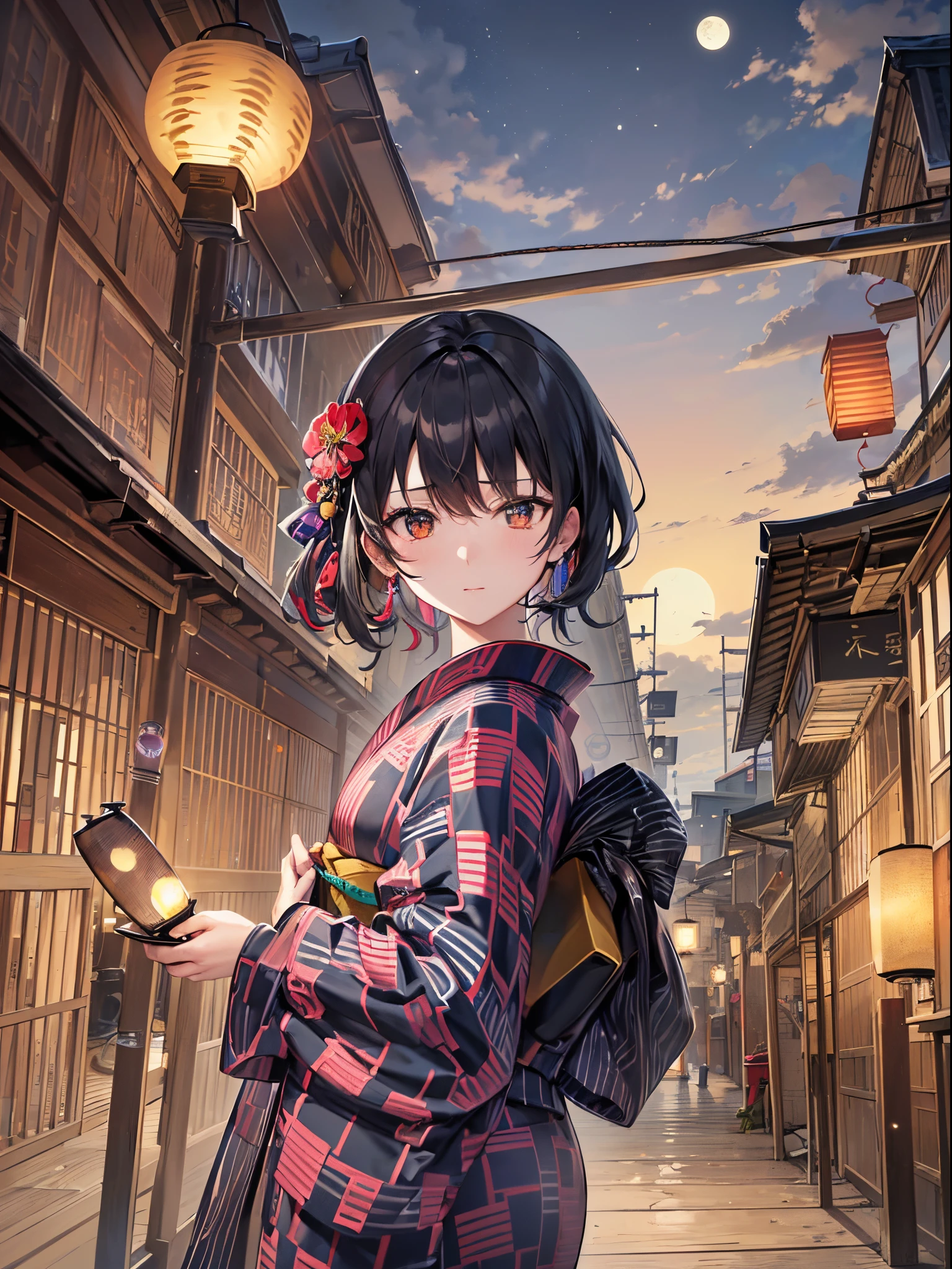 Anime girl in kimono outfit holding a cell phone in a street - SeaArt AI