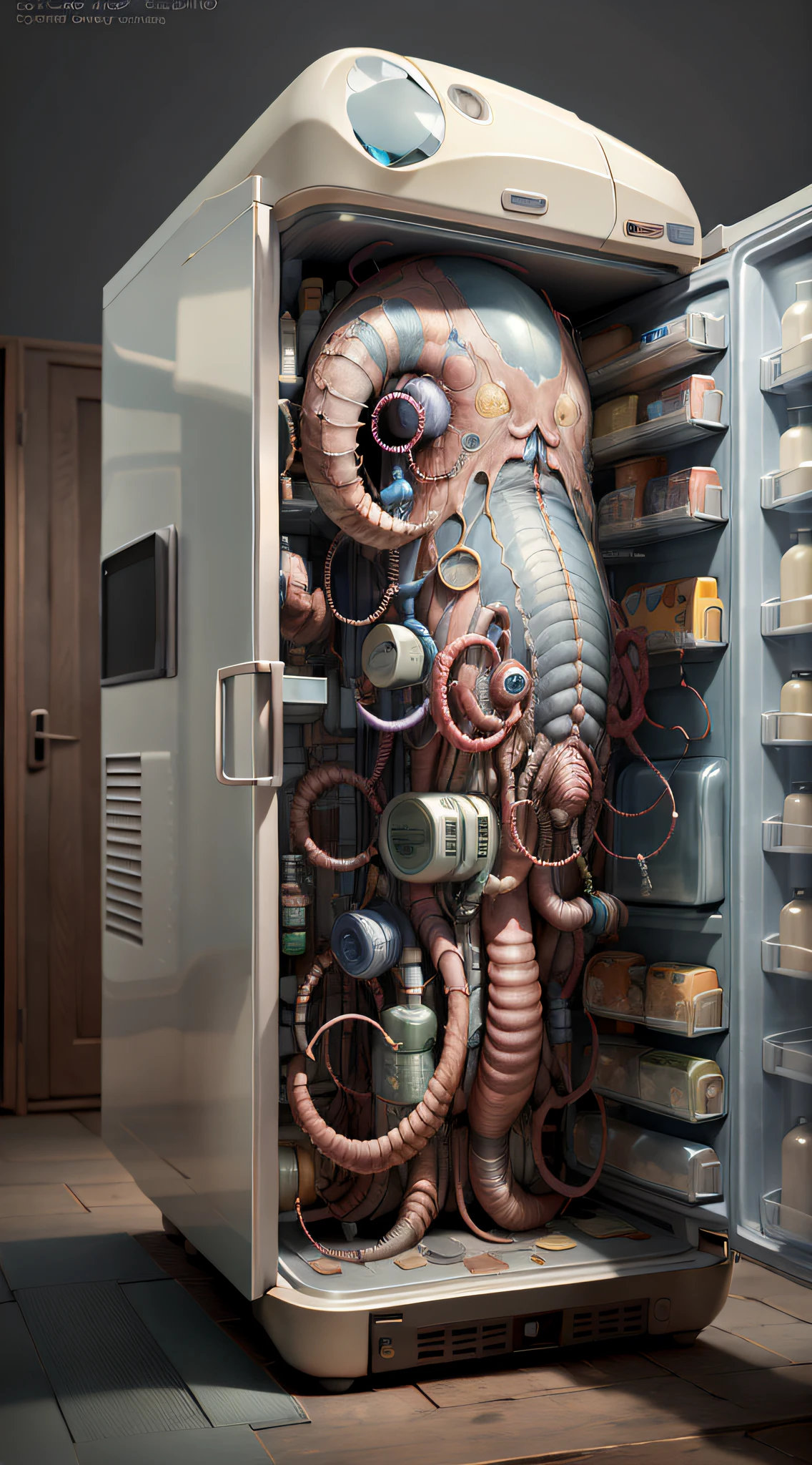 There is a refrigerator with a strange looking creature inside of it ...