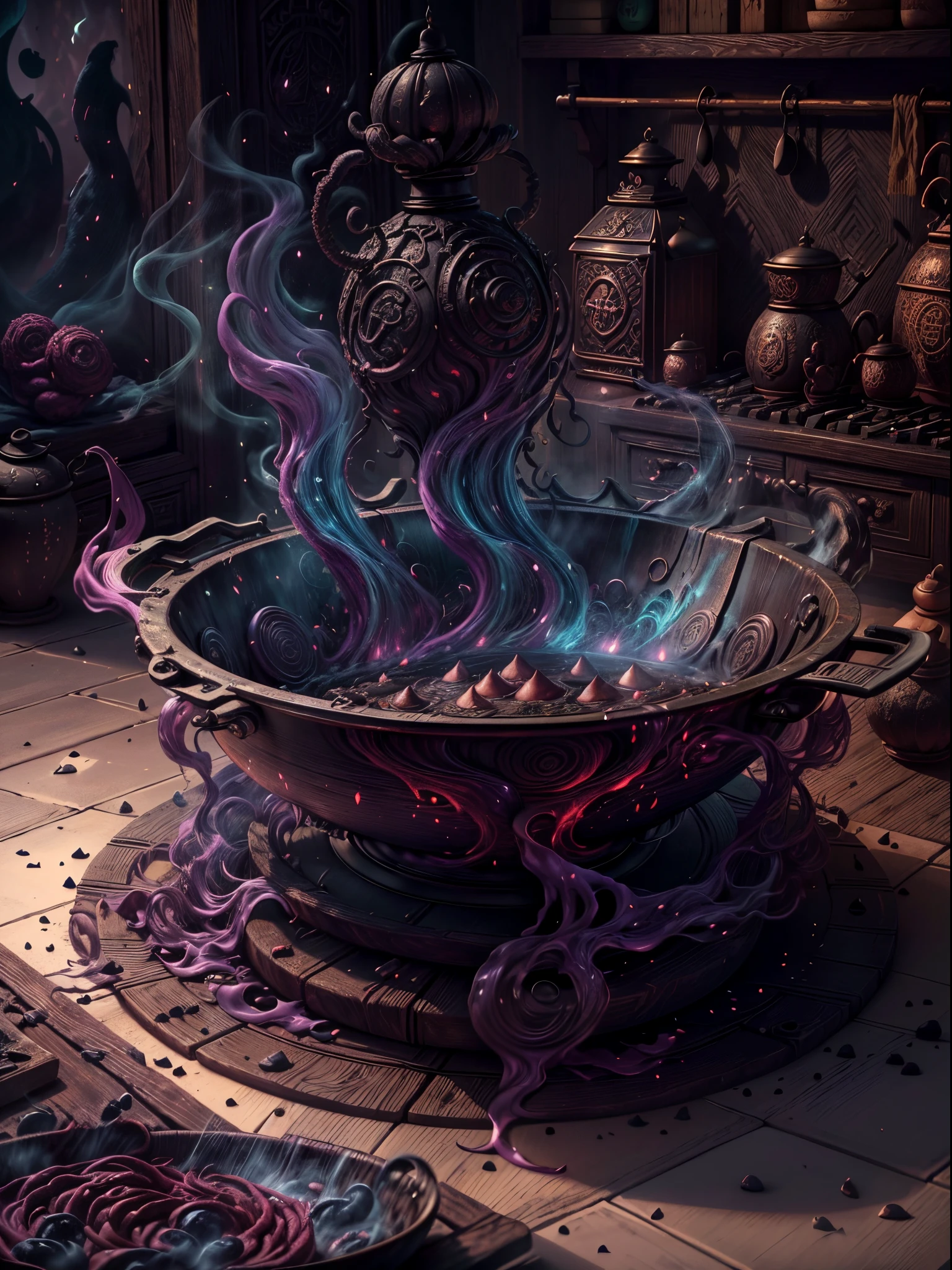 A close up of a bowl with a lot of purple and blue smoke coming out of ...