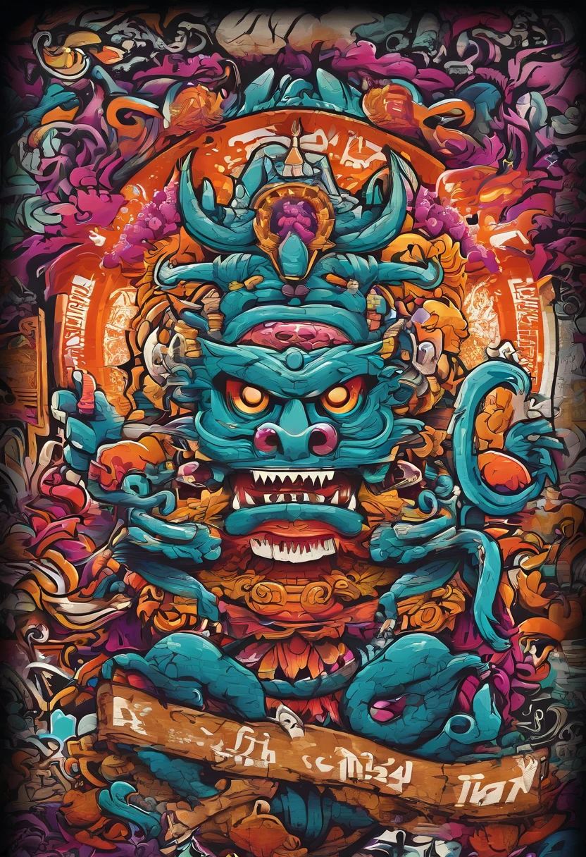 A colorful poster with a demon on it and a banner - SeaArt AI