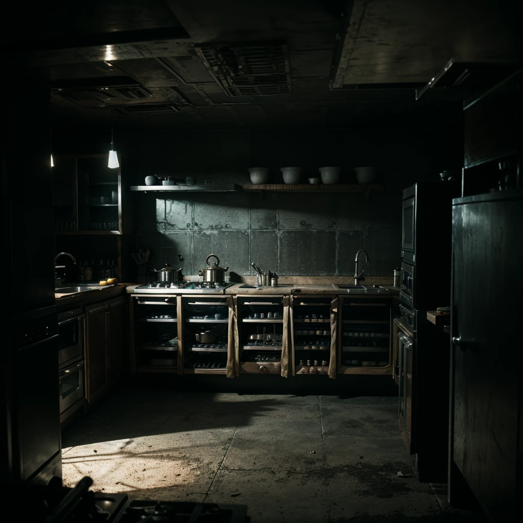 Scary kitchen and kitchen equipment in the style of the film - SeaArt AI