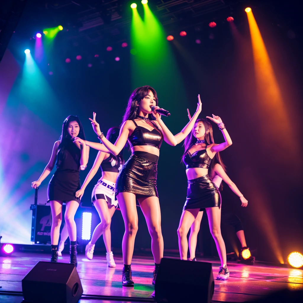 K-pop idols performing on stage, back view from down, black short tight ...
