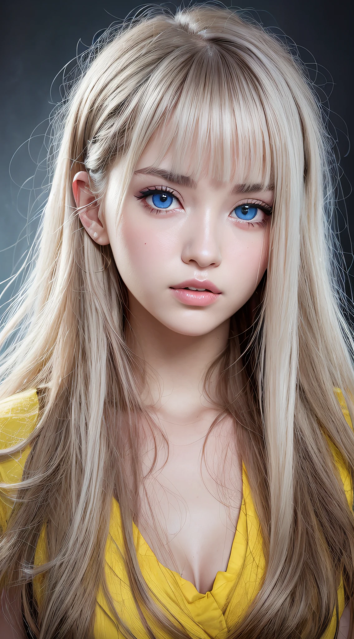 A woman with long blonde hair and blue eyes posing for a picture ...