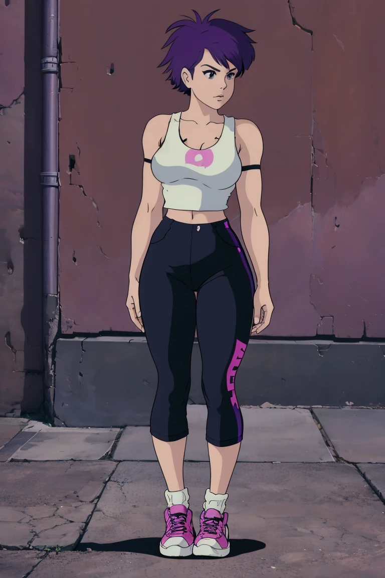 A woman in a sports bra top and leggings stands on a sidewalk - SeaArt AI