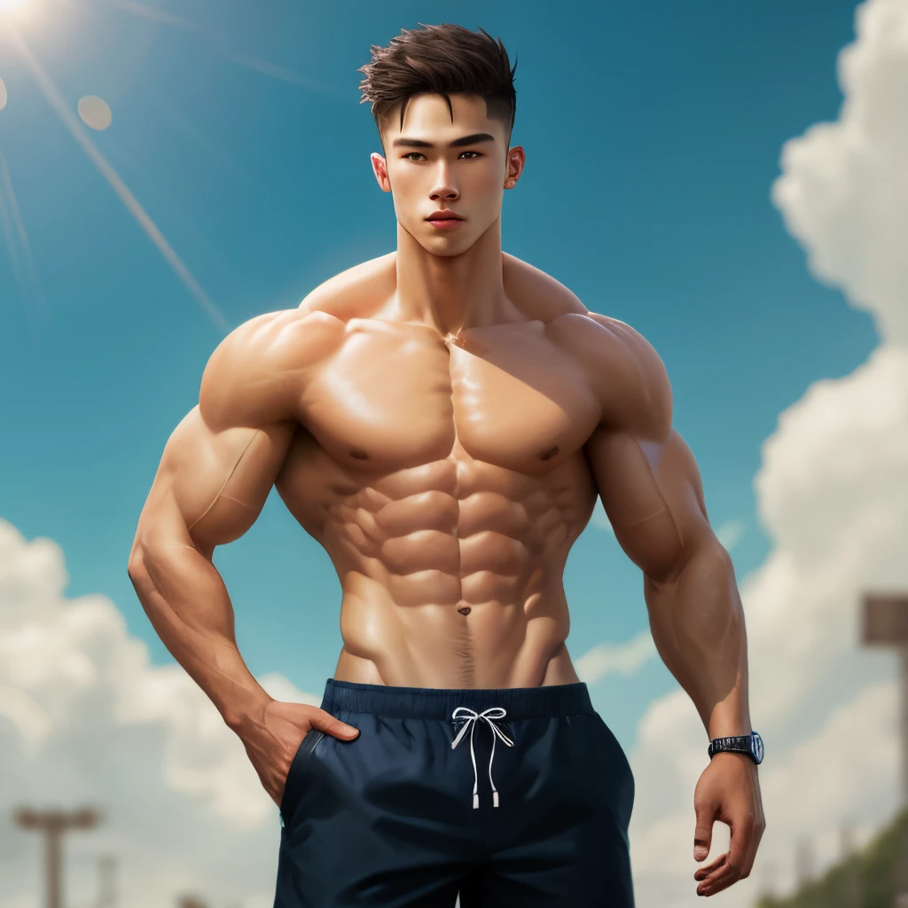 A man with a muscular body standing in front of a blue sky - SeaArt AI