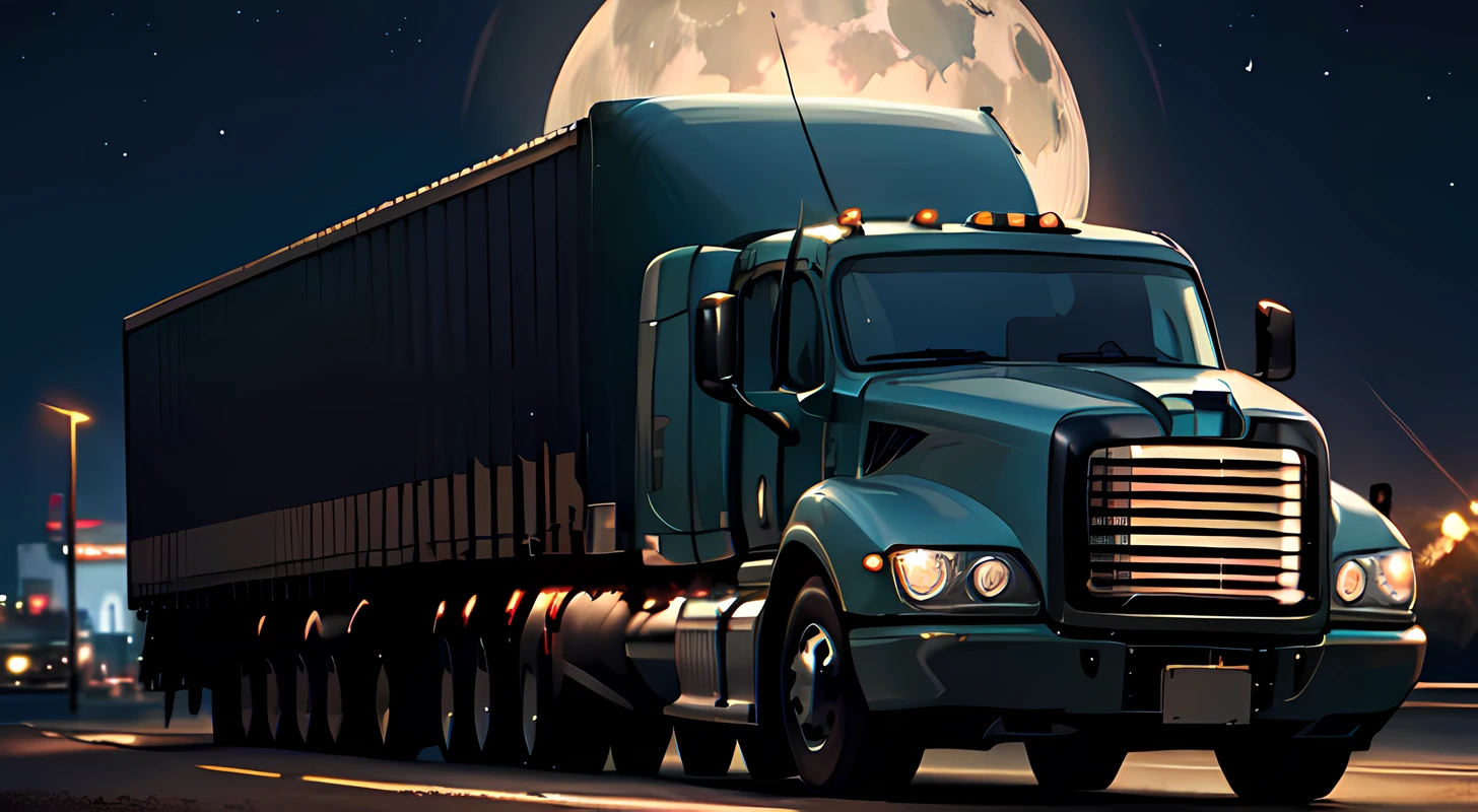 Araf truck driving down a road at night with a full moon in the ...