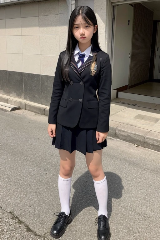 Full body,from below,A 14-year-old junior high school girl with long ...