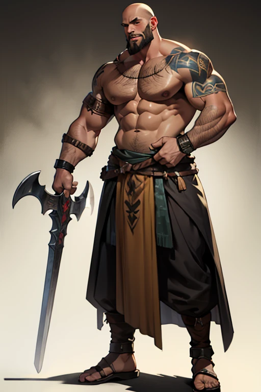 Bald man, Goliath, The chin is covered with beard, Full body war paint ...