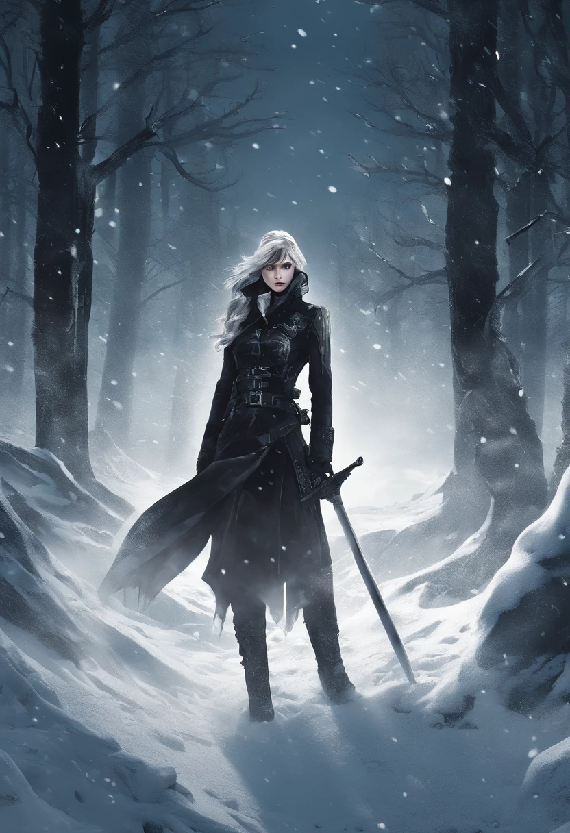 A woman in a black coat holding a sword standing in the snow - SeaArt AI