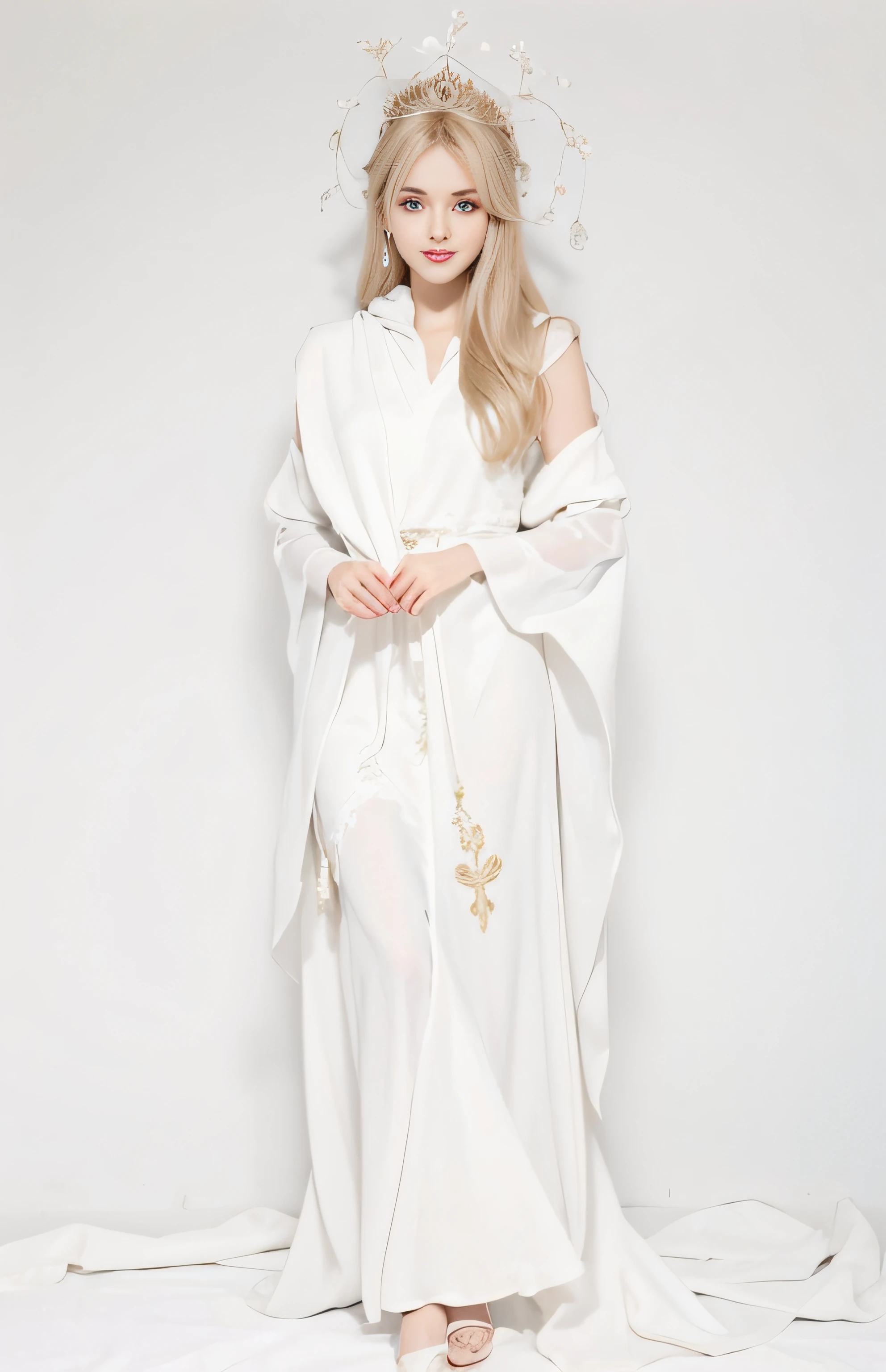 A woman in a white robe and a crown poses for a picture - SeaArt AI