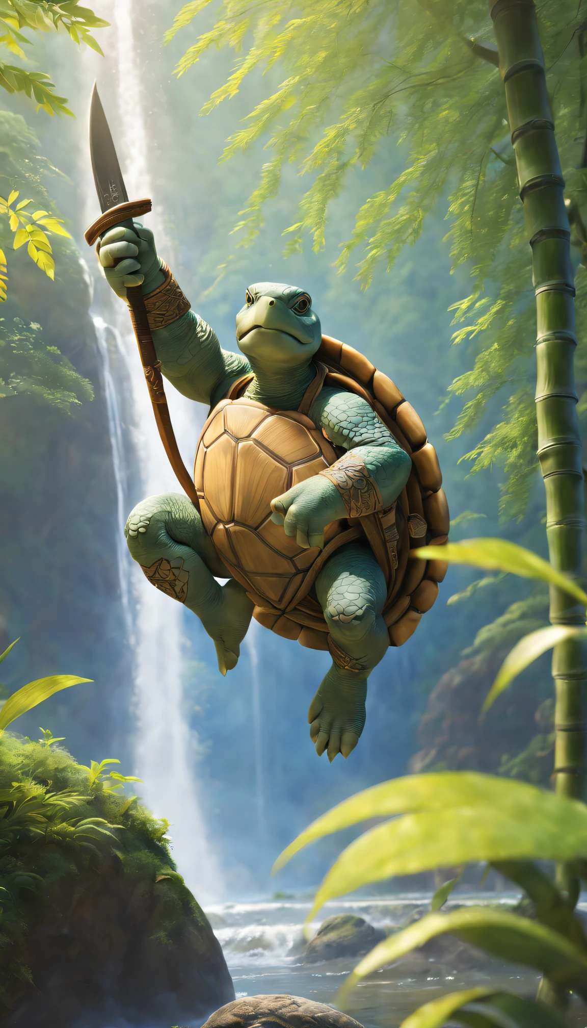 A close up of a turtle holding a knife in its mouth - SeaArt AI