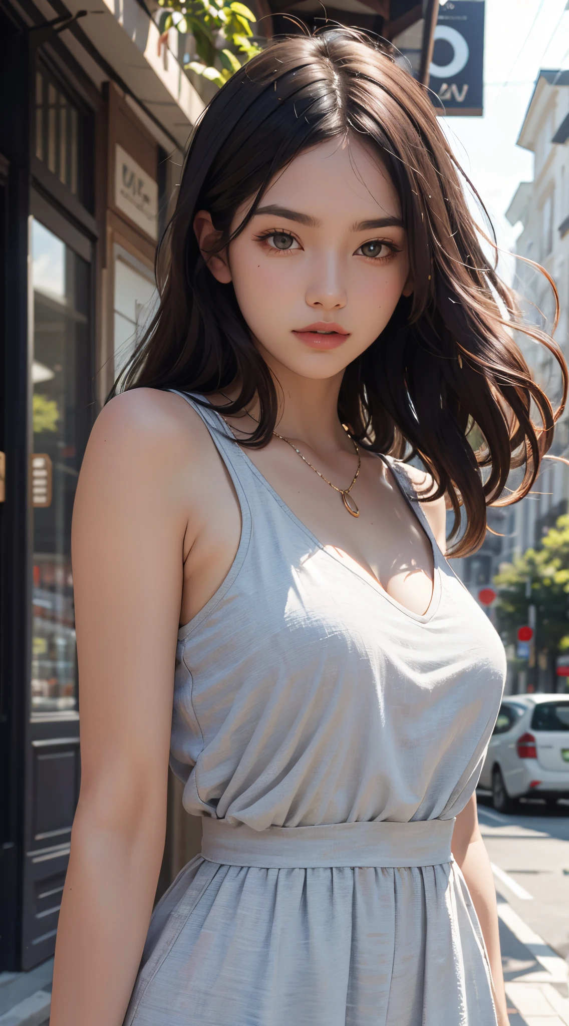 A woman in a gray dress standing on a city street - SeaArt AI