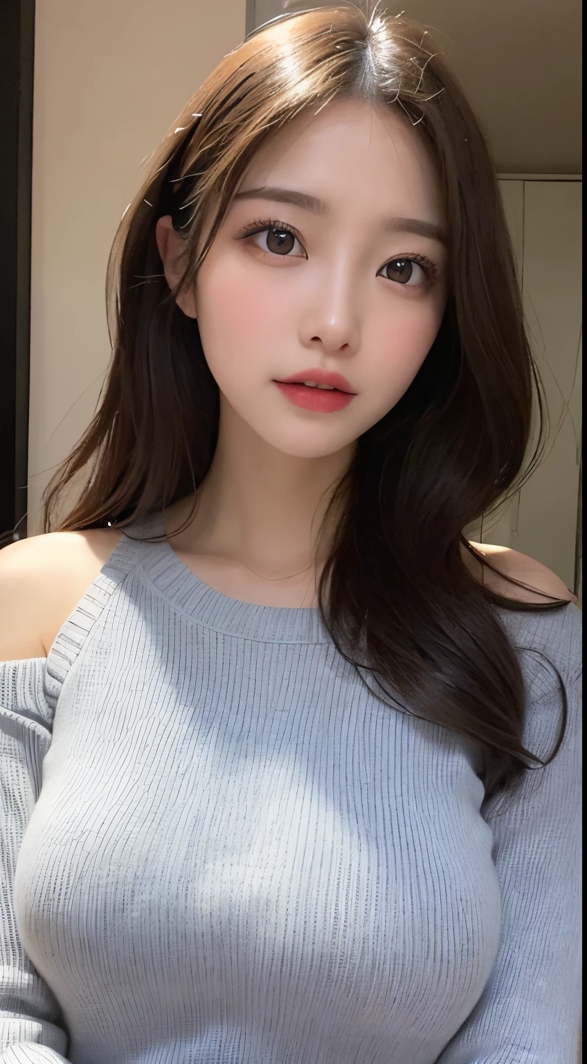 A woman with long hair wearing a gray sweater and a black belt - SeaArt AI