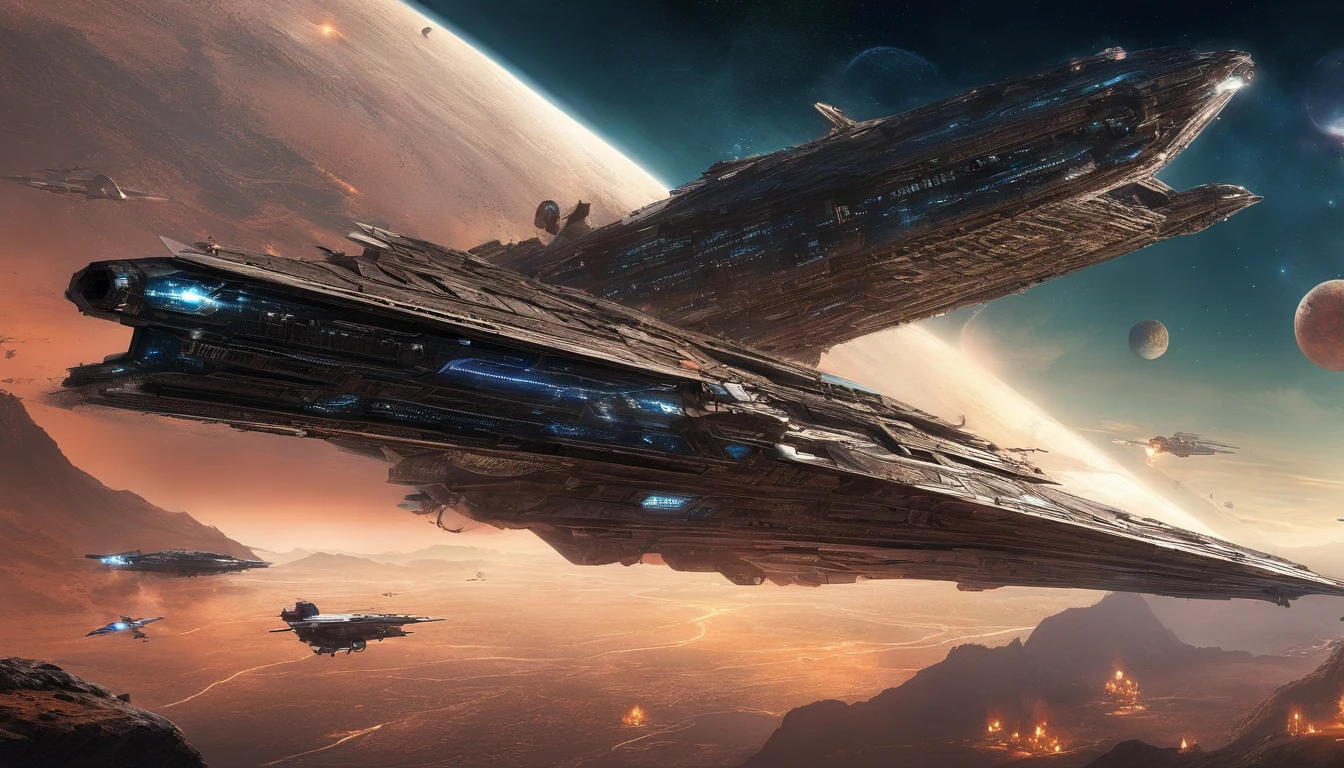 A group of ships flying over a mountain top in a space station - SeaArt AI