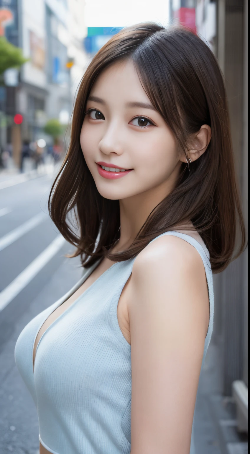 A close up of a woman in a blue top posing for a picture - SeaArt AI