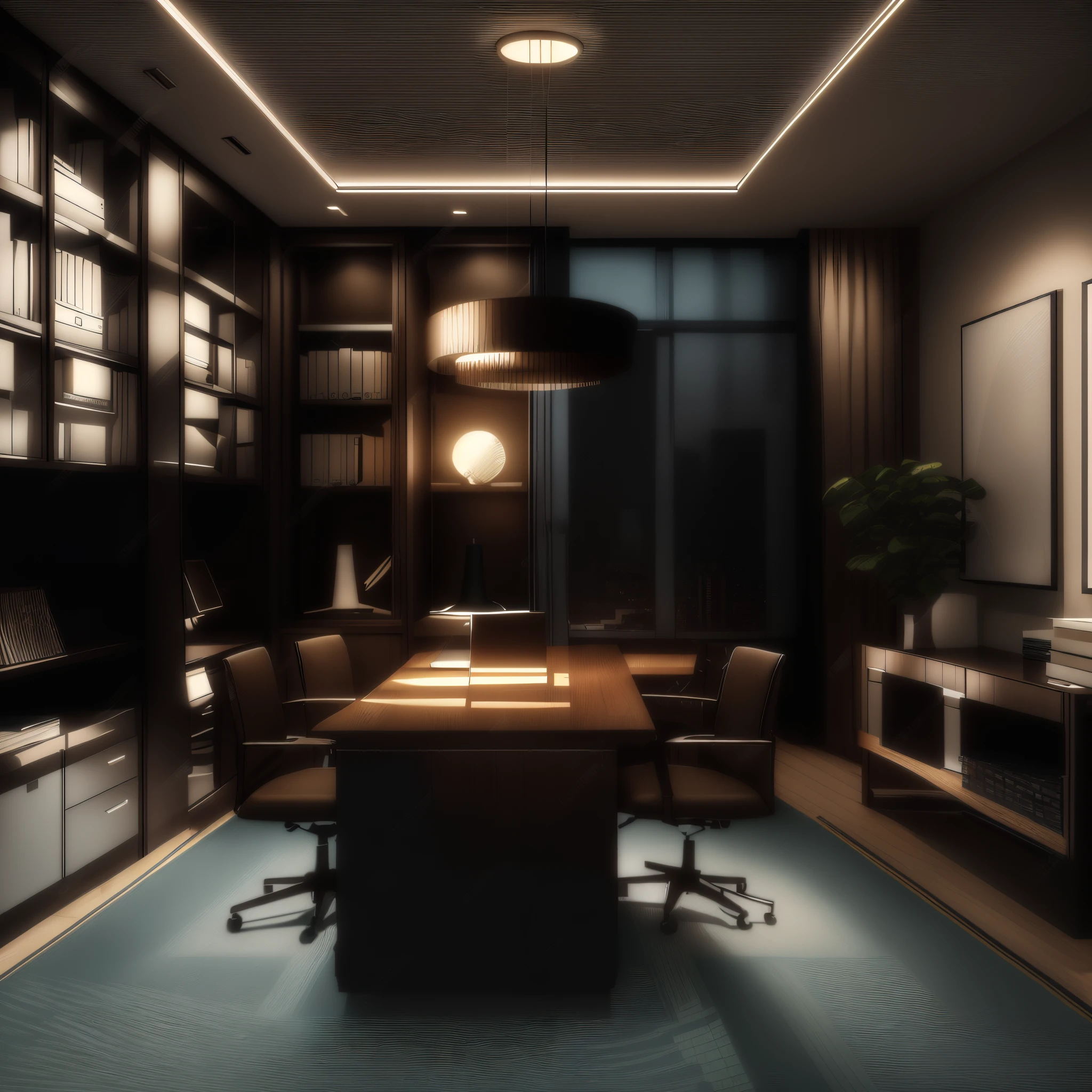 A close up of a desk with a lamp and a chair - SeaArt AI