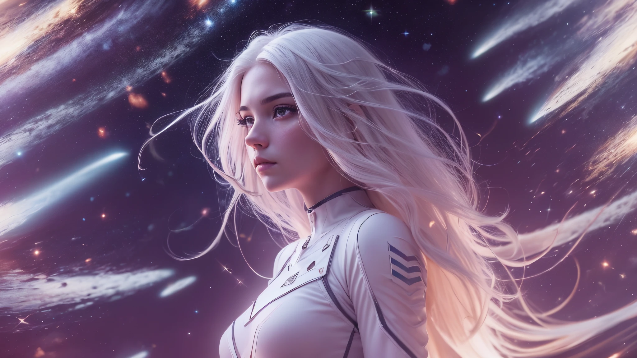 A woman with long white hair standing in front of a galaxy - SeaArt AI