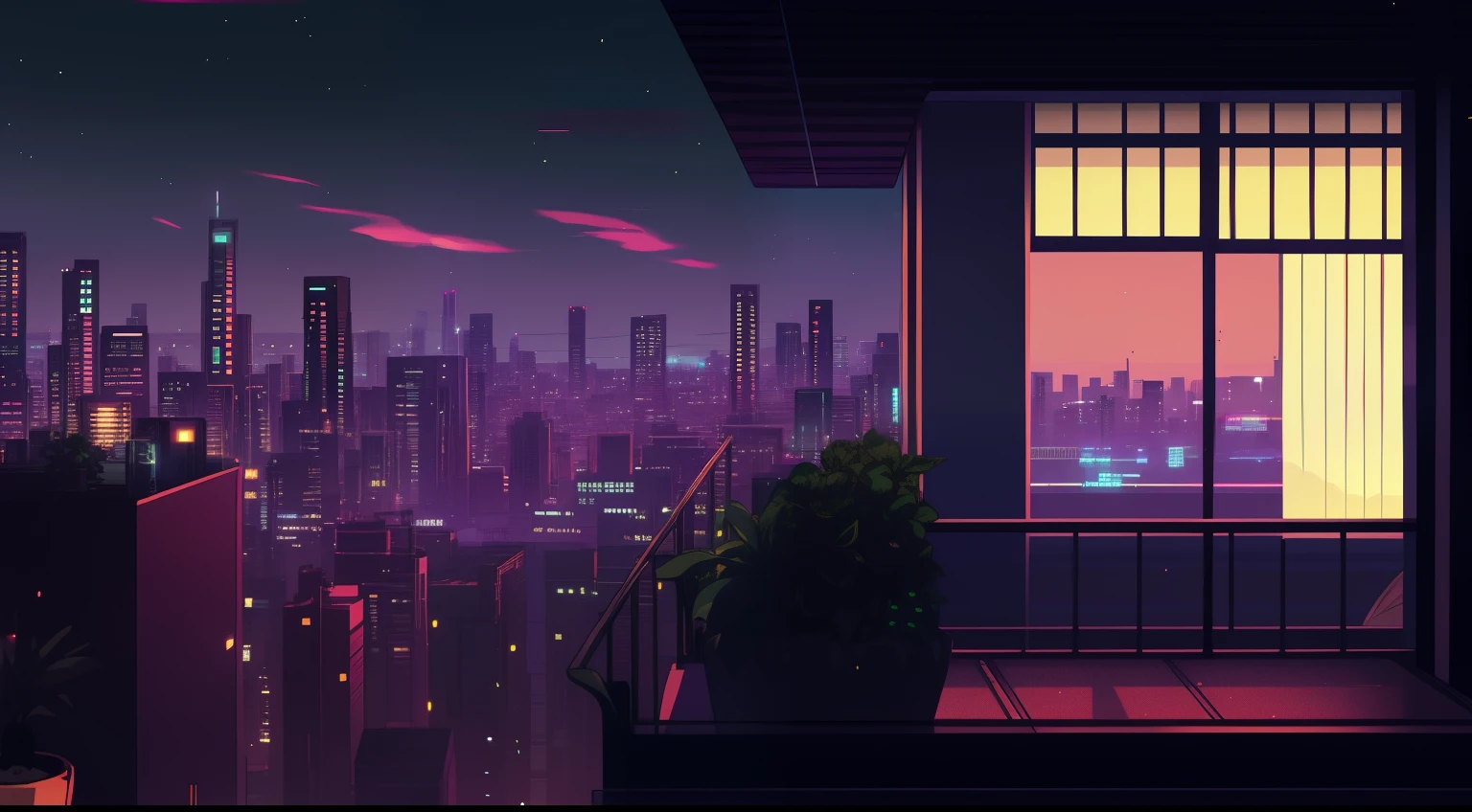 Night cityscape with a window and a plant in the foreground - SeaArt AI