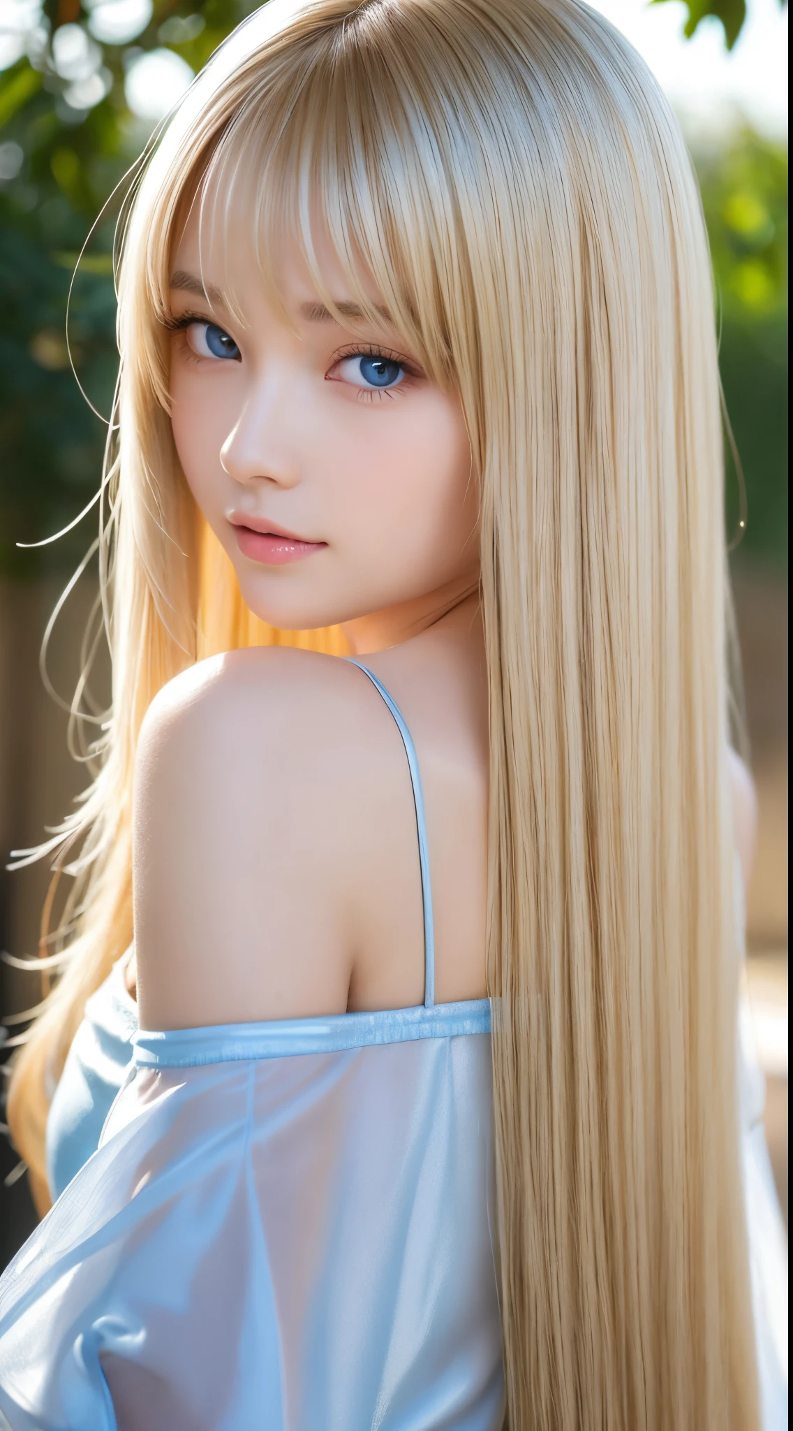 A close up of a woman with long blonde hair and blue eyes - SeaArt AI