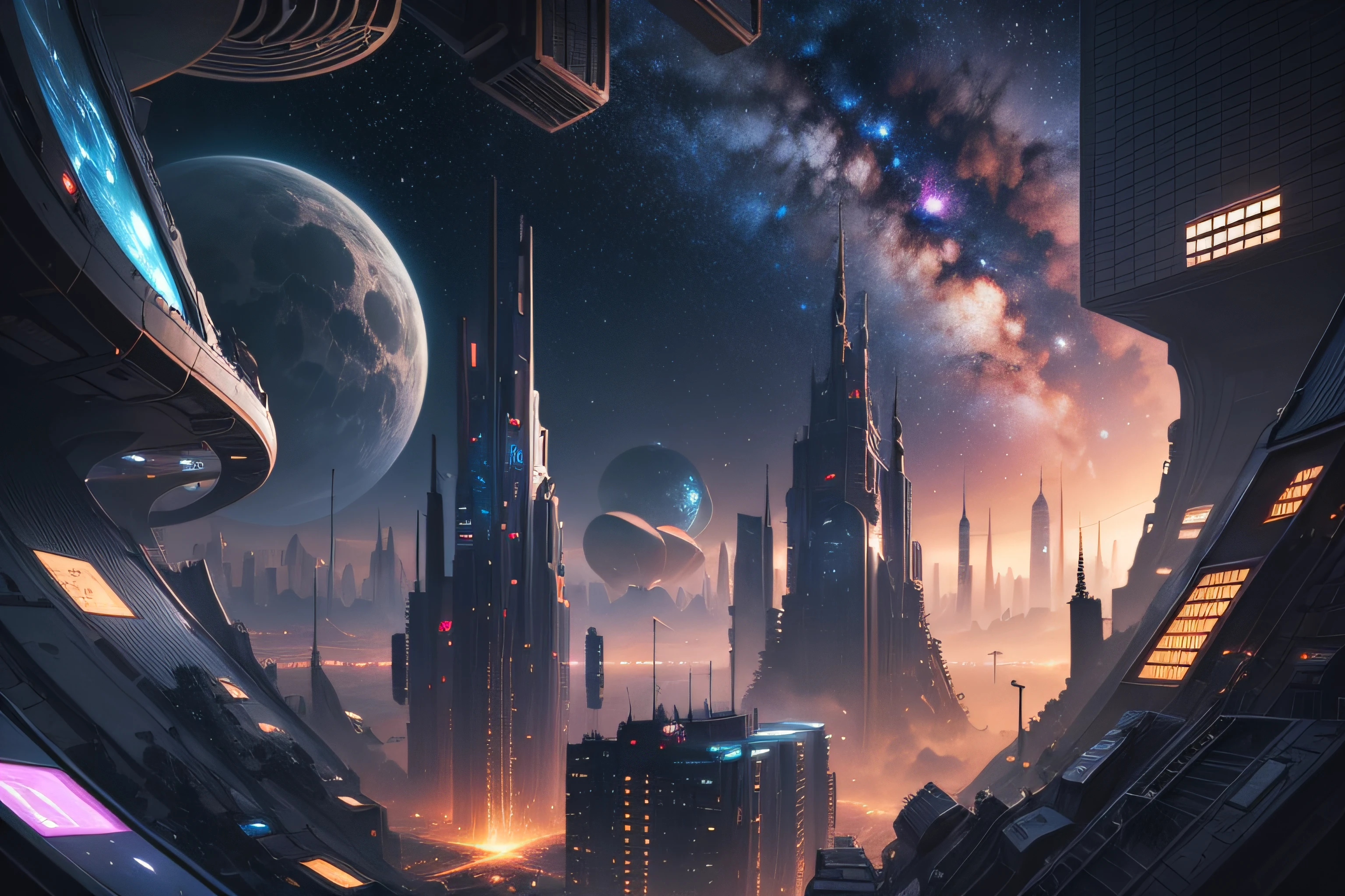A futuristic city with a futuristic sky and a large moon - SeaArt AI