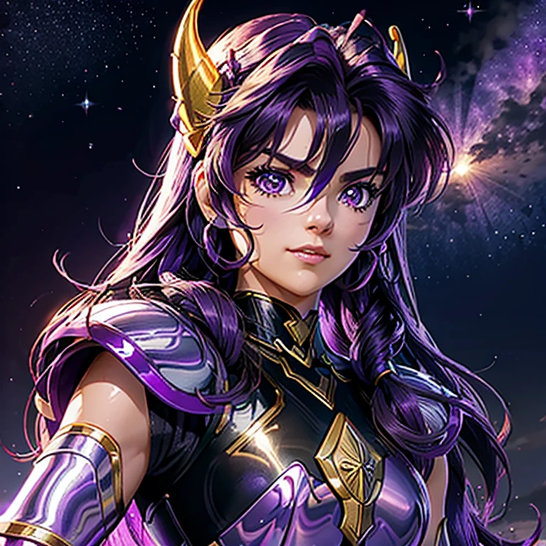 A woman wearing an armor , Saint Seiya, Unicorn Purple Armor - SeaArt AI