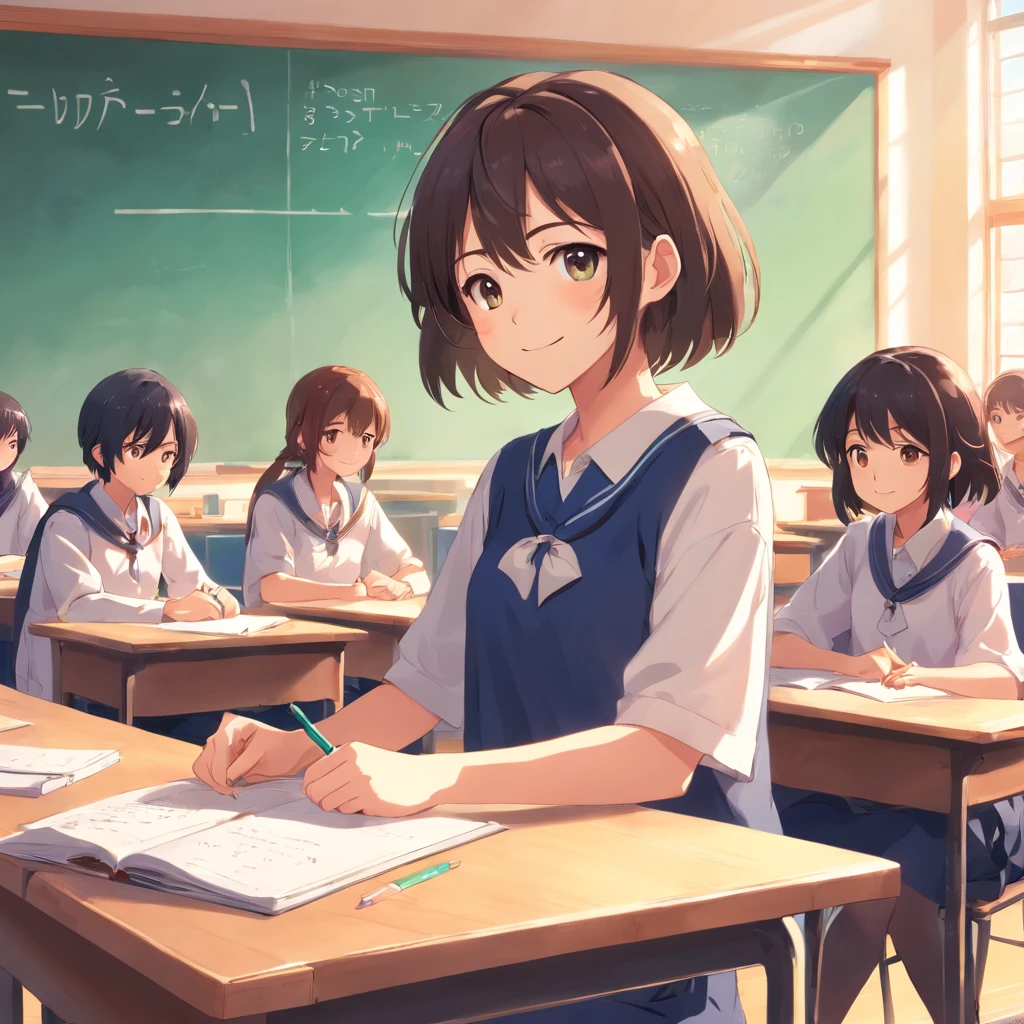 Anime anime classroom with students sitting at desks and writing ...
