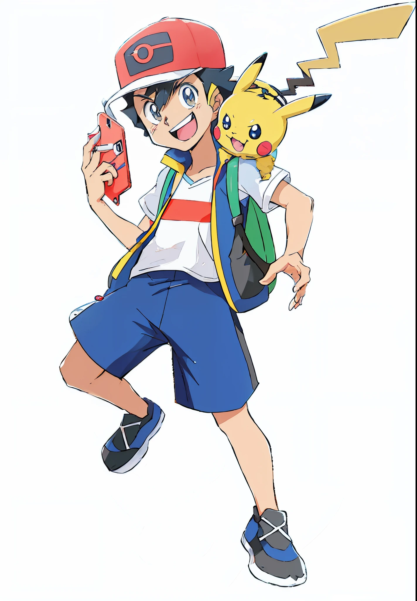Pokemon is holding a cell phone and a pokemon hat - SeaArt AI