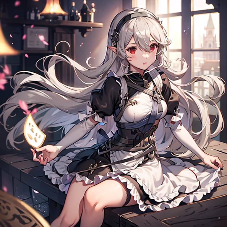 Corrin FE、Silver-haired long、red eyes、Ashamed、knee-length black maid uniform - SeaArt AI