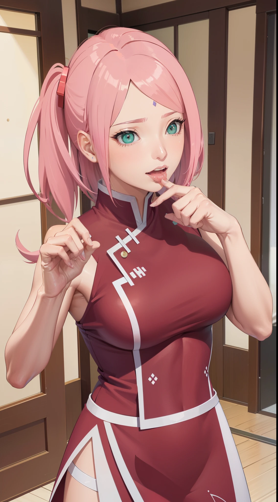 A woman in a red dress is posing for a picture - SeaArt AI