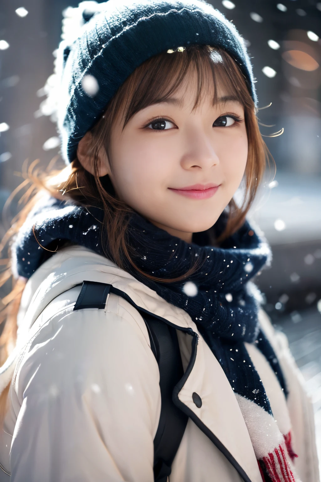 A woman wearing a hat and scarf standing in the snow - SeaArt AI