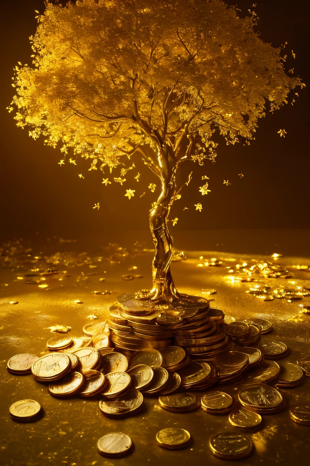 A tree with gold coins on a pile of coins - SeaArt AI
