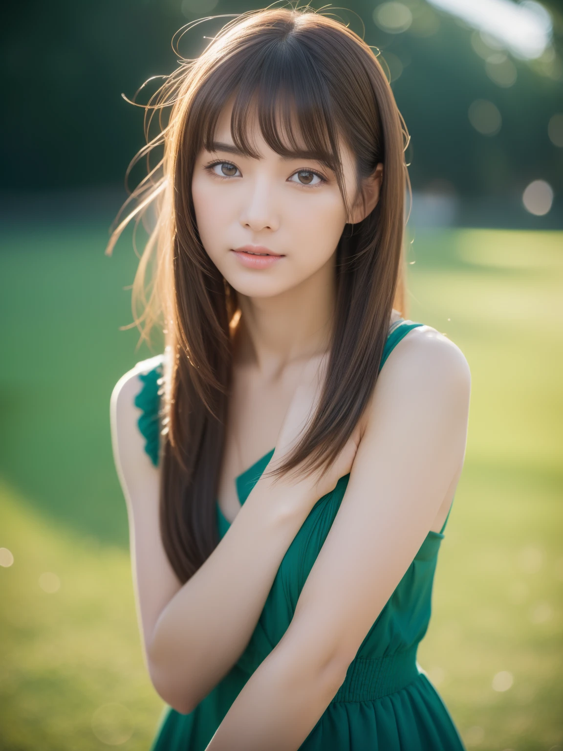 A woman in a green dress posing for a picture - SeaArt AI