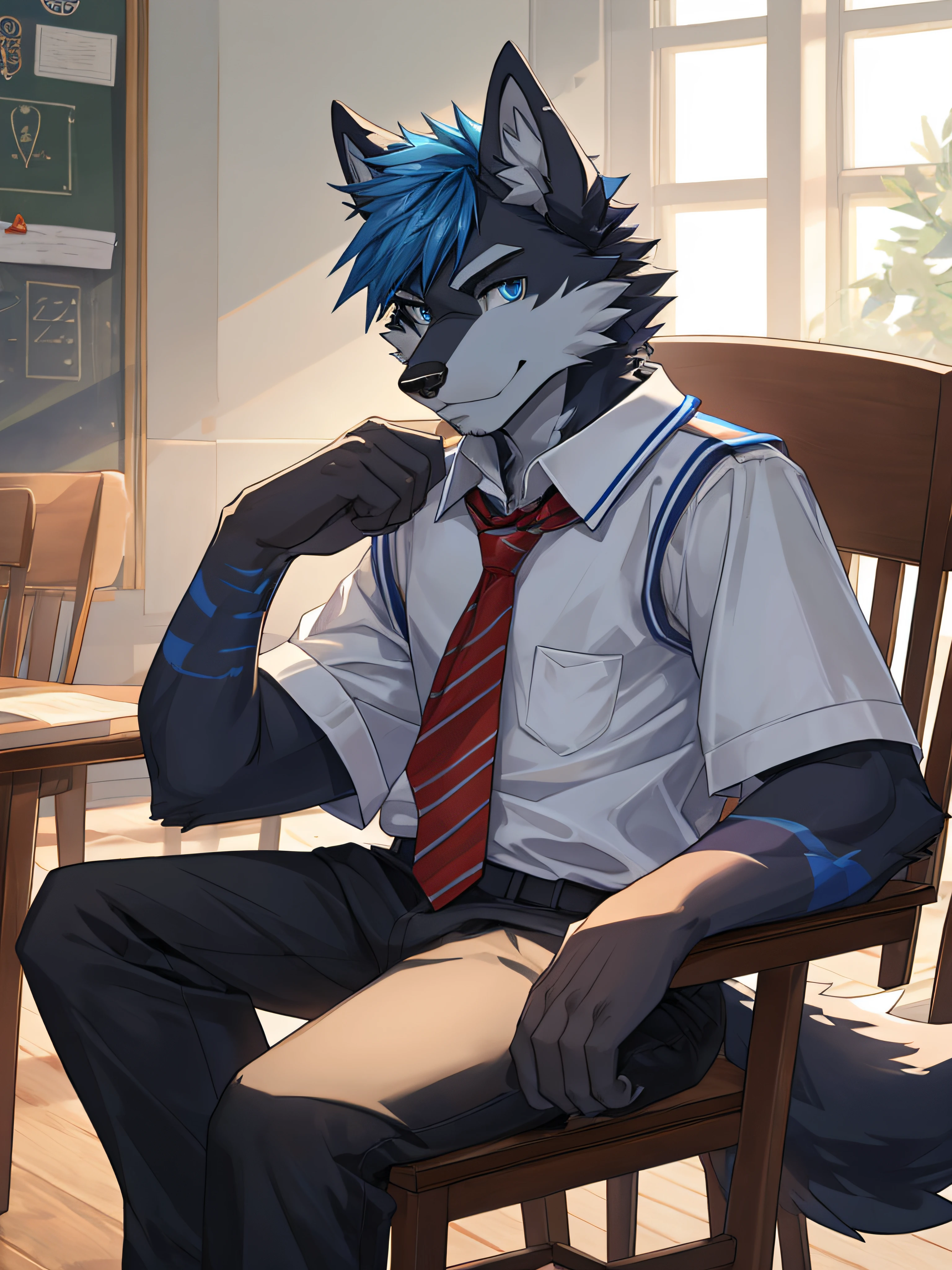Anime - style picture of a man in a school uniform sitting in a chair ...
