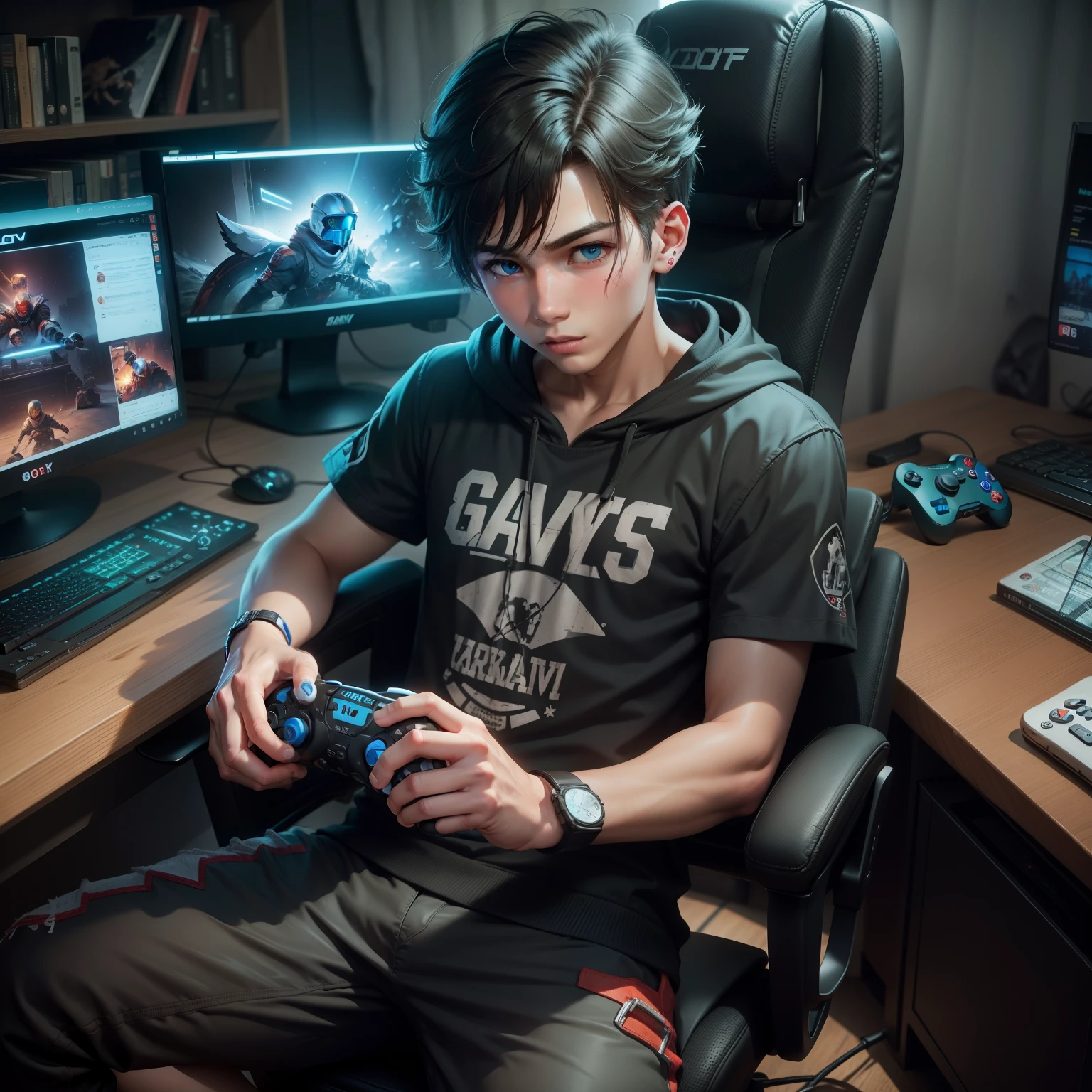 There is a man sitting in a chair playing a video game - SeaArt AI